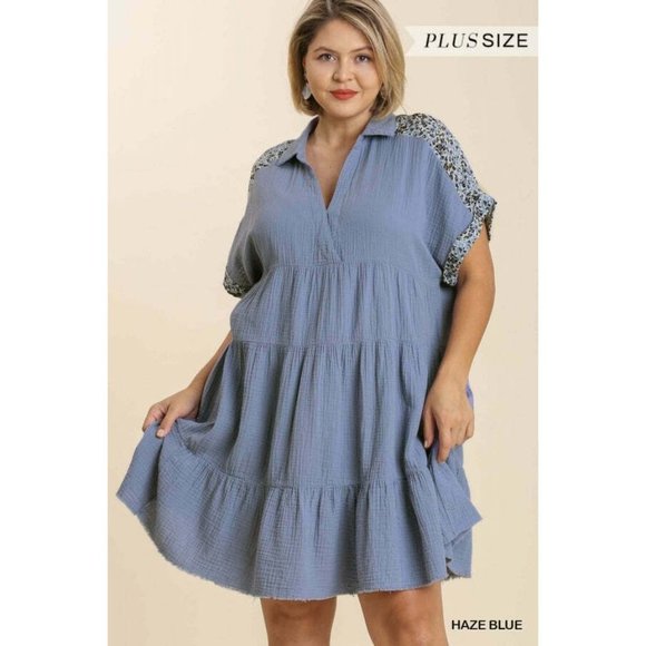 Umgee | Dresses | Umgee Plus Size Haze Blue Vneck Collared Ruffle Tiered Gauze Dress | Poshmark